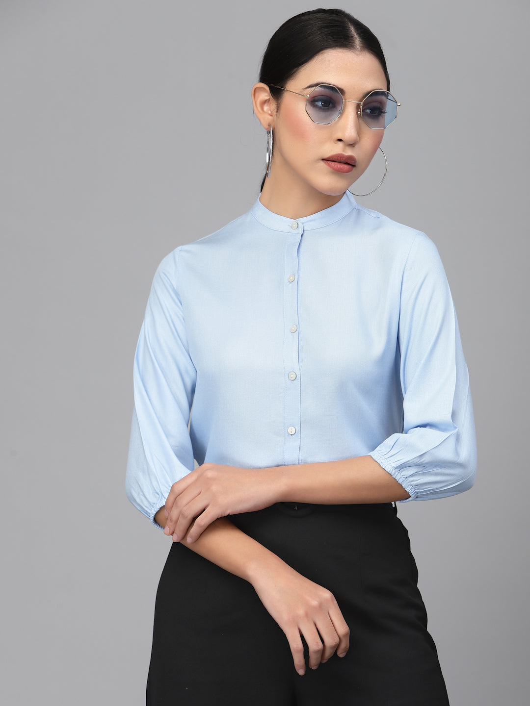 Style Quotient Women Solid Light Blue Polyester Formal Shirt ...